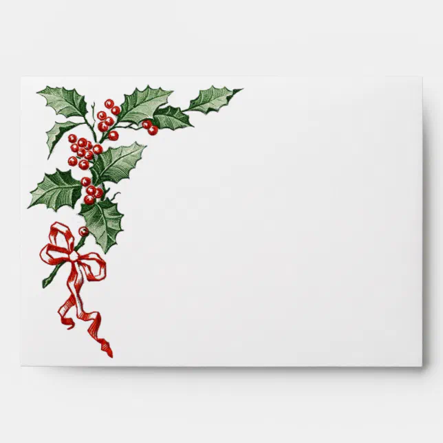 Holly Leaves Red Ribbon Christmas Holiday Address Envelope | Zazzle