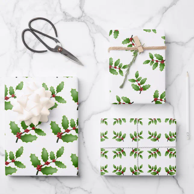 Holly Leaves White Christmas Wrapping Paper Sheets | Zazzle
