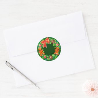 HOLLY, PINWHEELS & GINGER WREATH by SHARON SHARPE Classic Round Sticker ...