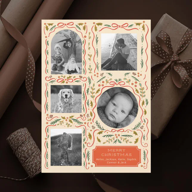 Holly Red Ribbon Christmas Photo Collage Holiday Card | Zazzle