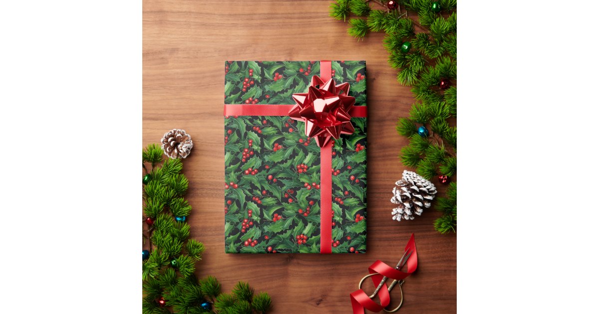 Holly Wrapping Paper Roll | Zazzle