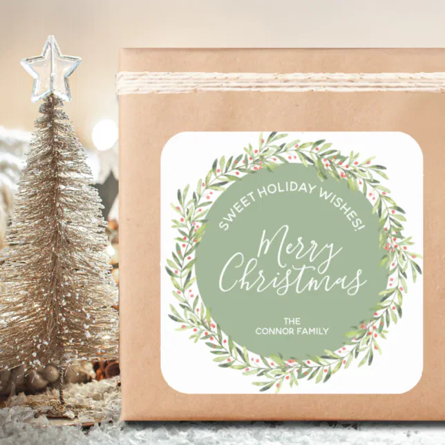 Holly Wreath Christmas Homemade Holiday Baking Square Sticker | Zazzle