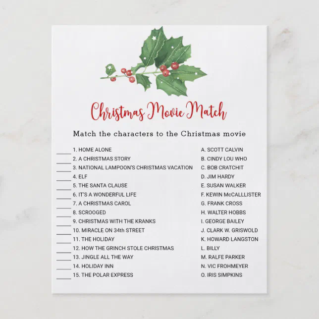 Holly Wreath Christmas Movie Match Game Card Flyer | Zazzle
