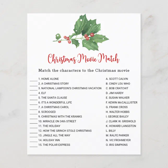 Holly Wreath Christmas Movie Match Game Card Flyer | Zazzle