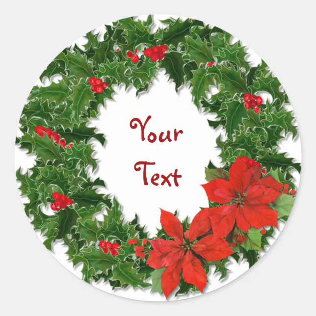 Holly Wreath Customize Classic Round Sticker | Zazzle