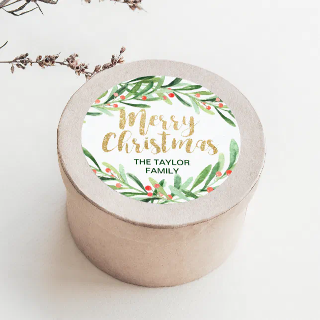 Holly Wreath Merry Christmas Classic Round Sticker | Zazzle