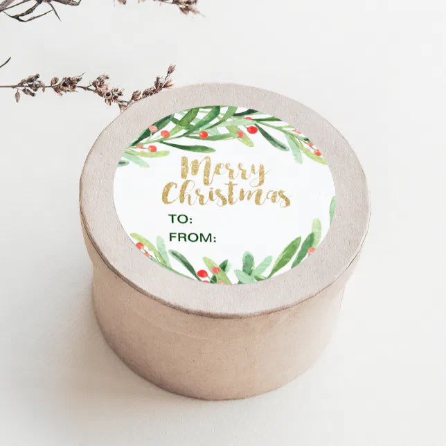 Holly Wreath Merry Christmas Name Classic Round Sticker | Zazzle