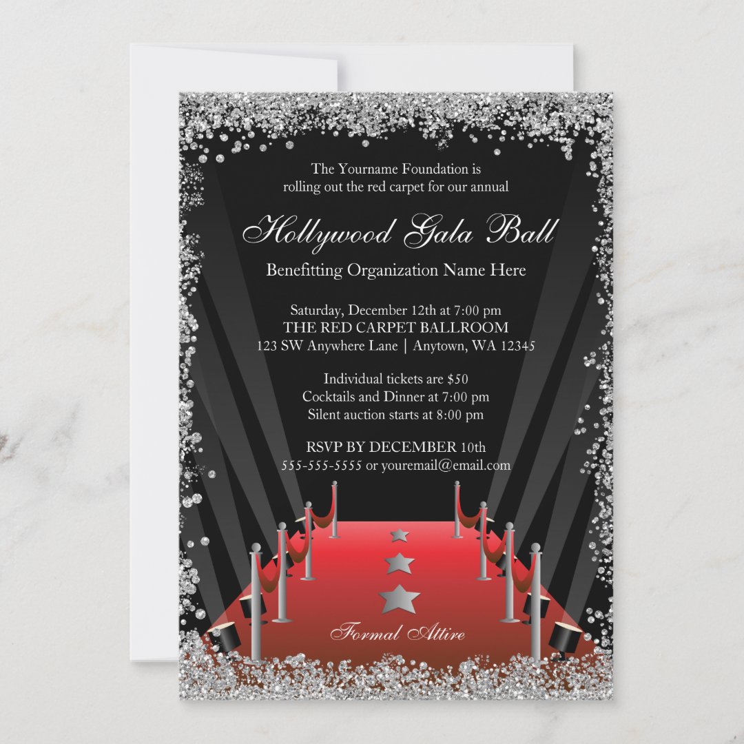 Hollywood Gala Ball Red Carpet Silver Glitter Invitation | Zazzle