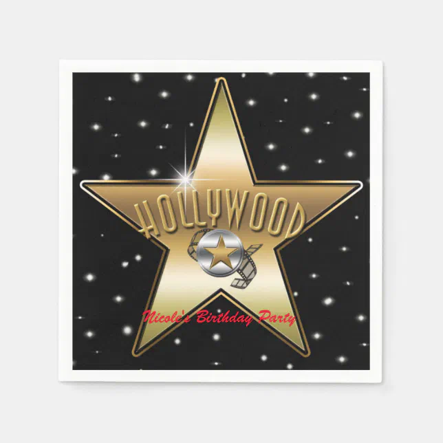 Hollywood Gold Star Black Birthday Party Paper Napkins | Zazzle