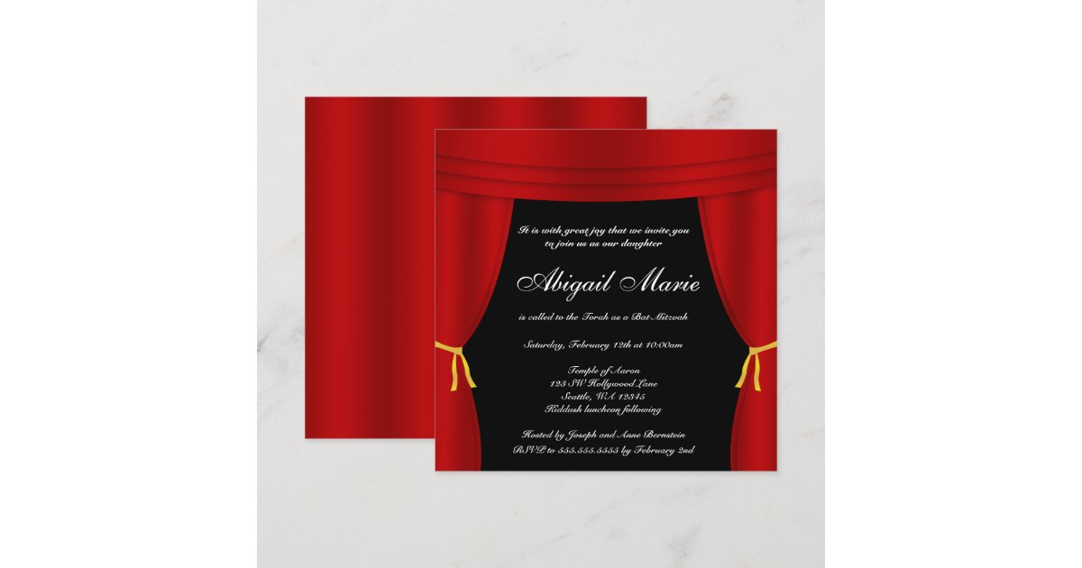 Hollywood Red Curtain Bat Mitzvah Invitation | Zazzle