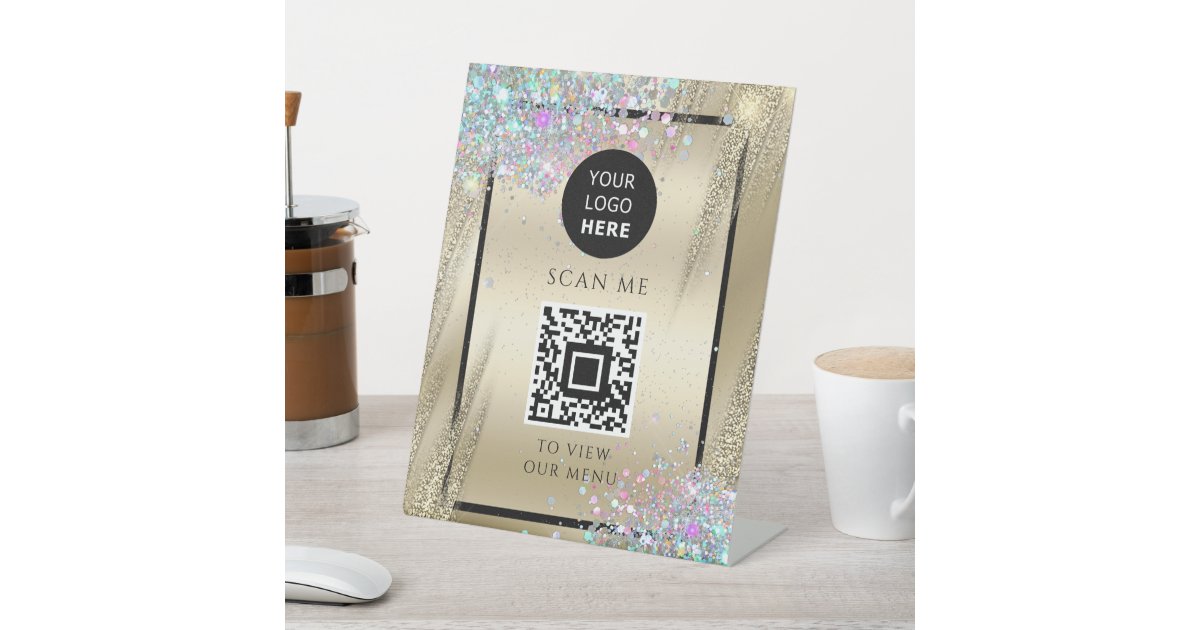 Holo Glitter Business QR Code Logo Metallic Gold Pedestal Sign | Zazzle