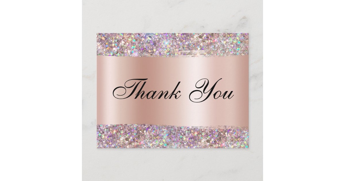 Holo Glitter Edge Rose Gold Foil Thank You Postcard | Zazzle