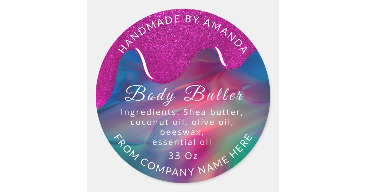 Holograph Custom Logo Name Body Butter Drip Pink Classic Round Sticker ...