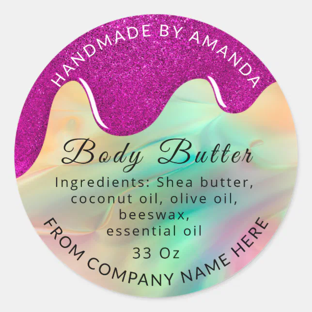 Holograph Custom Logo Name Body Butter Drips Classic Round Sticker | Zazzle