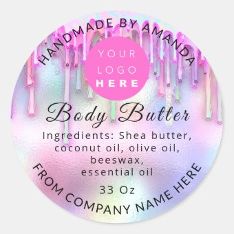 Holograph Custom Logo Name Body Gold Drip Pink Classic Round Sticker ...