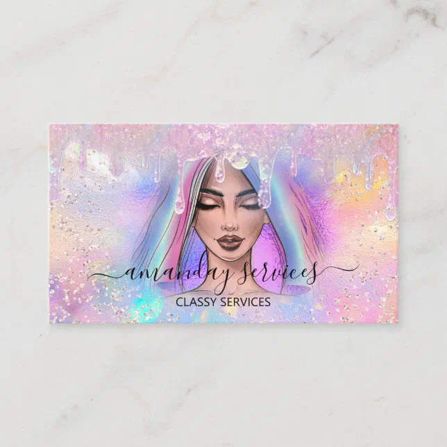 Holograph Makeup Boutique Shop Pinky Drip QR Logo Business Card | Zazzle
