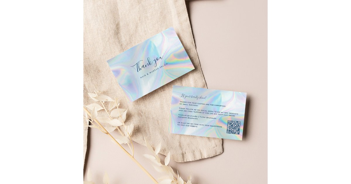 Holographic Beauty Salon QR Code Script Thank You Business Card | Zazzle