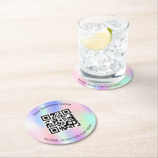 Holographic business bar restaurant menu qr code round paper coaster ...