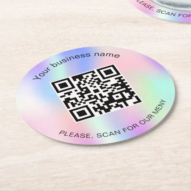 Holographic business bar restaurant menu qr code round paper coaster ...