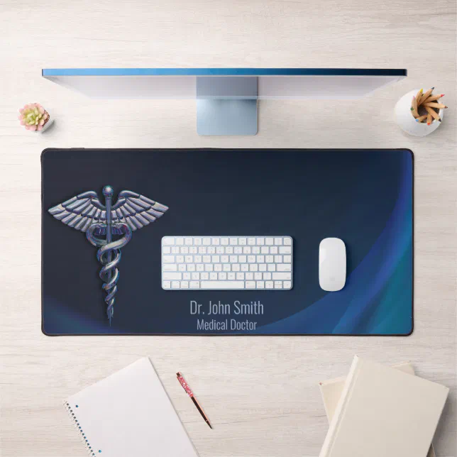 Holographic Chrome Dark 3D Caduceus Medical Desk Mat | Zazzle