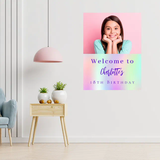 Holographic custom photo 18th birthday welcome poster | Zazzle