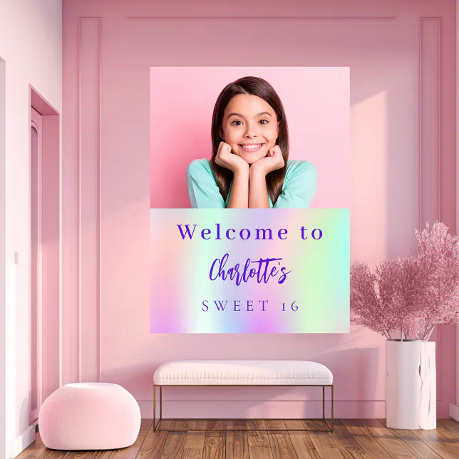 Holographic custom photo Sweet 16 party welcome Poster | Zazzle