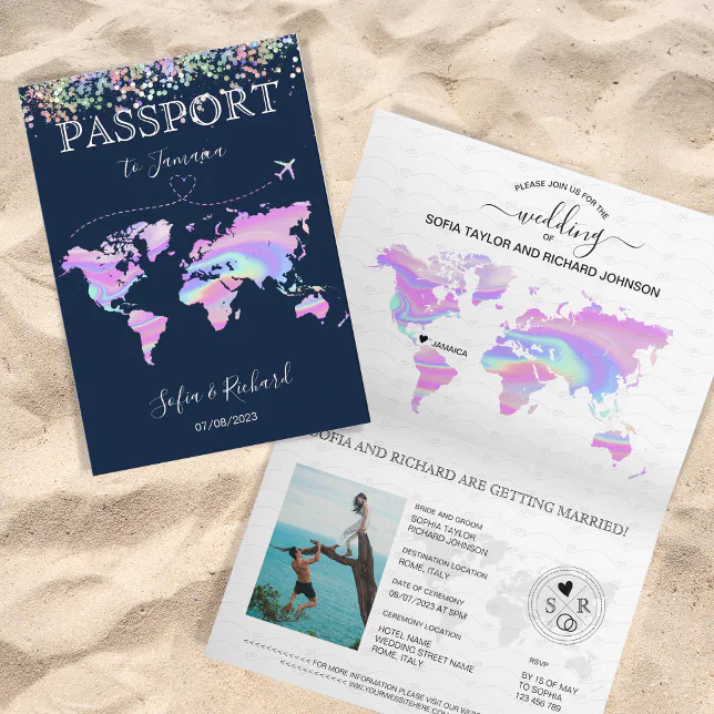 Holographic Destination Wedding Passport World Map Invitation | Zazzle