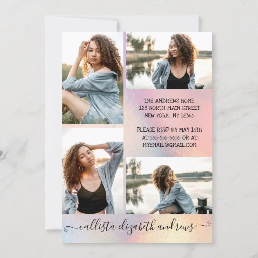 Holographic Foil Halo Photo Collage Graduation Invitation | Zazzle