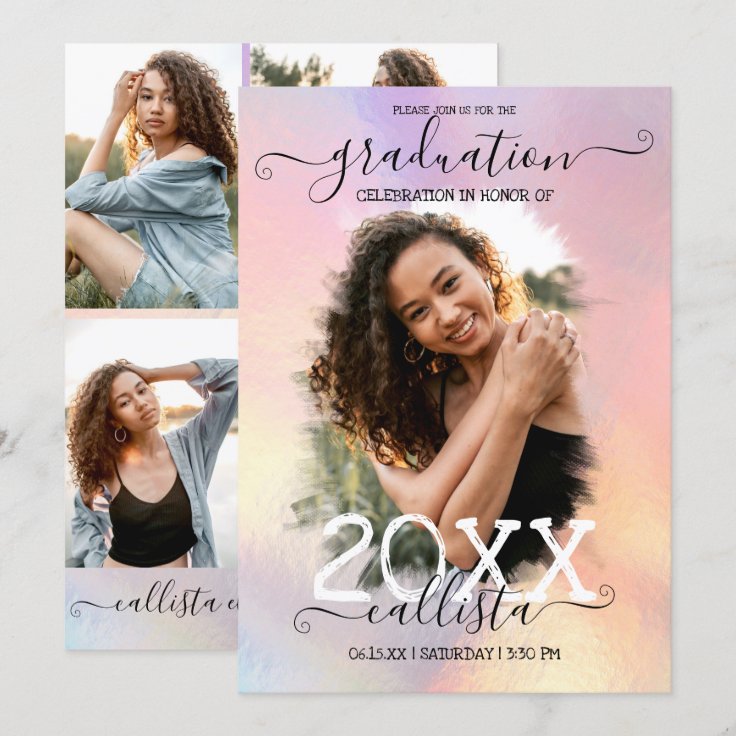 Holographic Foil Halo Photo Collage Graduation Invitation | Zazzle