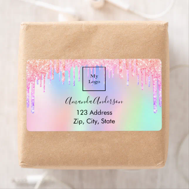 Holographic glitter drips business return address label | Zazzle