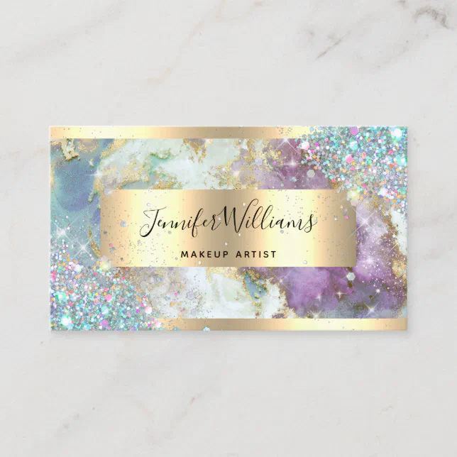 Holographic Glitter Gold Foil Watercolor Business Card | Zazzle