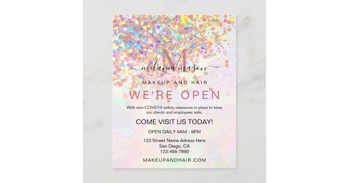 Holographic Glitter Pearl We're Open Elegant Salon Flyer | Zazzle