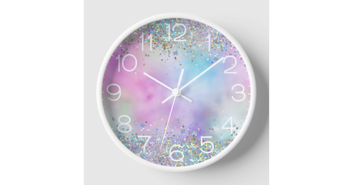 Holographic Glitter Rainbow Pastels Monogram Clock | Zazzle