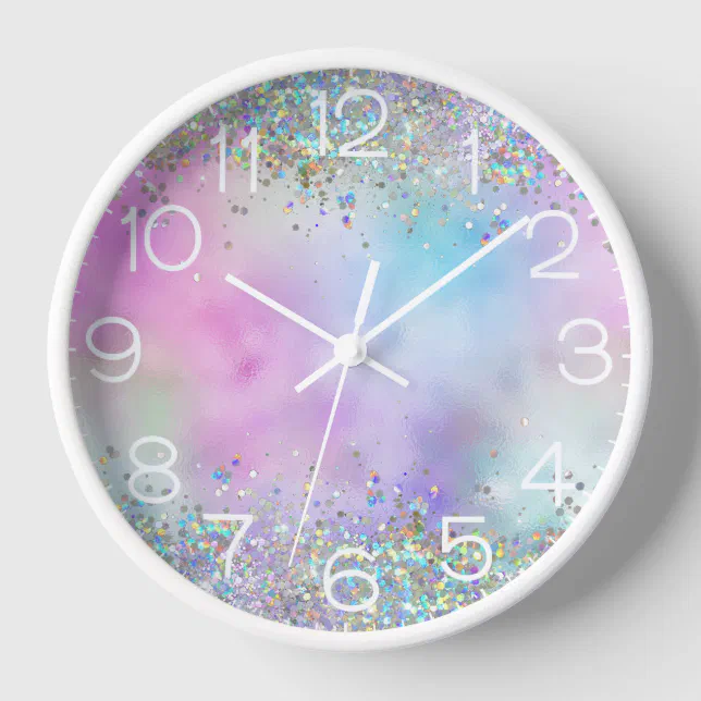 Holographic Glitter Rainbow Pastels Monogram Clock | Zazzle