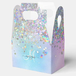 Holographic Glitter Rainbow Pastels Monogram Favor Boxes | Zazzle