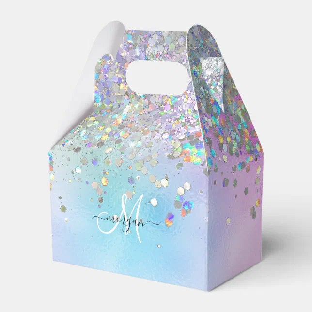 Holographic Glitter Rainbow Pastels Monogram Favor Boxes | Zazzle
