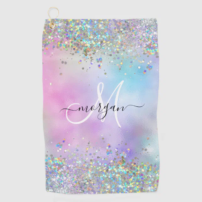 Holographic Glitter Rainbow Pastels Monogram Golf Towel | Zazzle