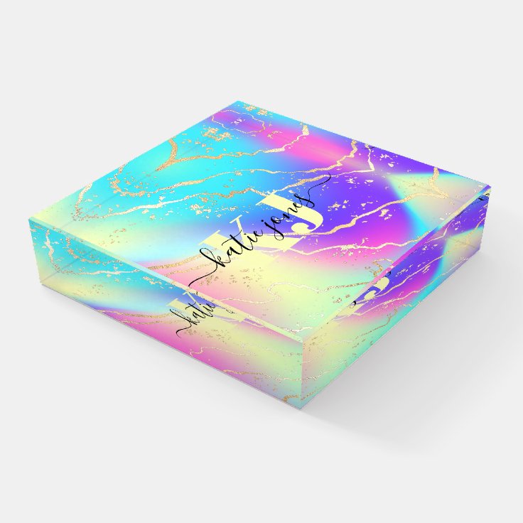 Holographic Iridescent Opal Gem | Monogram Paperweight | Zazzle