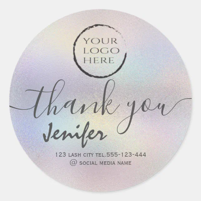 holographic logo script thank you classic round sticker | Zazzle