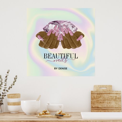 holographic nail salon woman hand nails technician poster | Zazzle