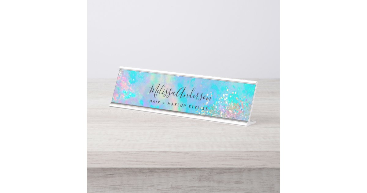 Holographic Opal Stone Glitter Calligraphy Desk Name Plate | Zazzle