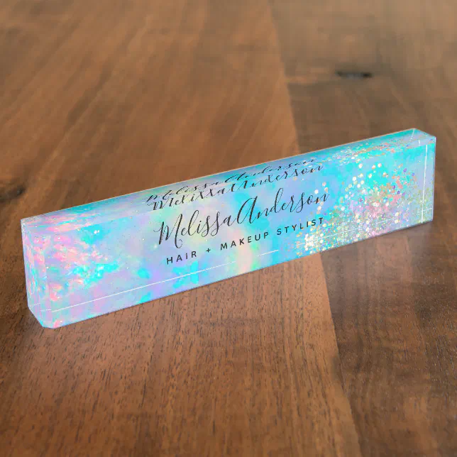 Holographic Opal Stone Glitter Calligraphy Desk Name Plate | Zazzle