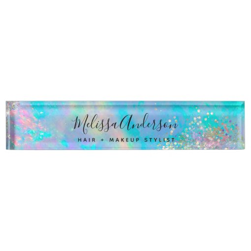 Holographic Opal Stone Glitter Calligraphy Desk Name Plate | Zazzle