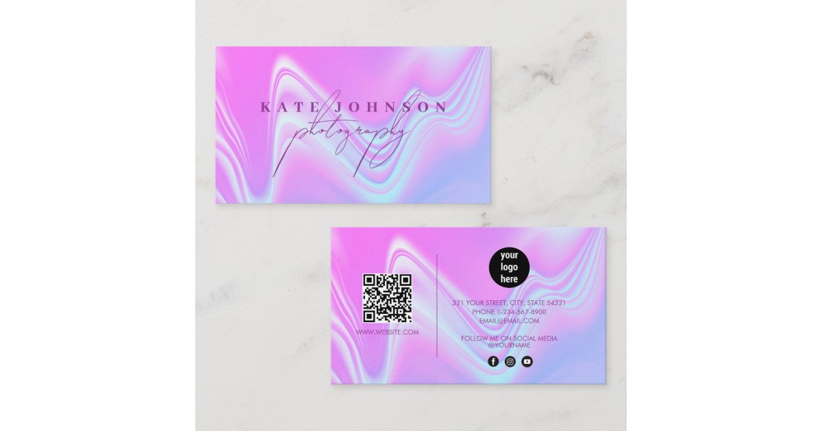 Holographic Opal Stone Marble Script QR Purple Business Card | Zazzle