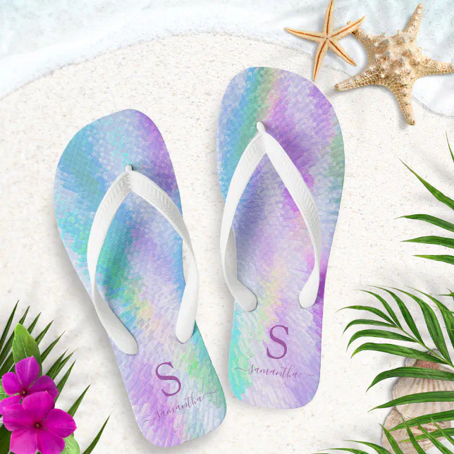 Holographic Pastel Colorful Iridescent Monogrammed Flip Flops | Zazzle