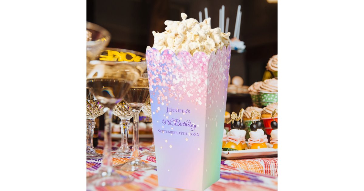 Holographic pink confetti name birthday favor boxes | Zazzle