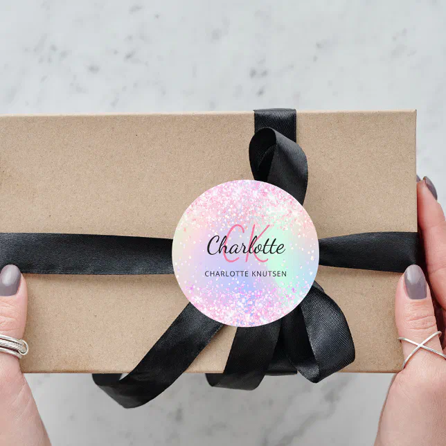 Holographic pink purple monogram name classic round sticker | Zazzle