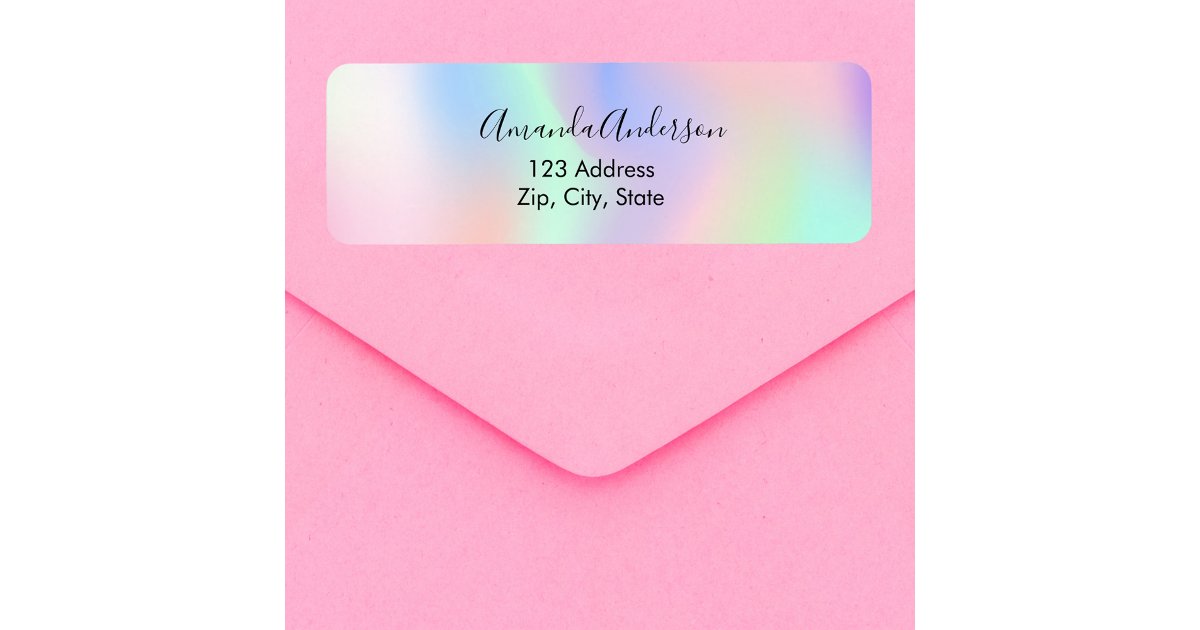 Holographic pink purple script return address label | Zazzle