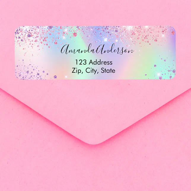 Holographic pink purple sparkles return address label | Zazzle