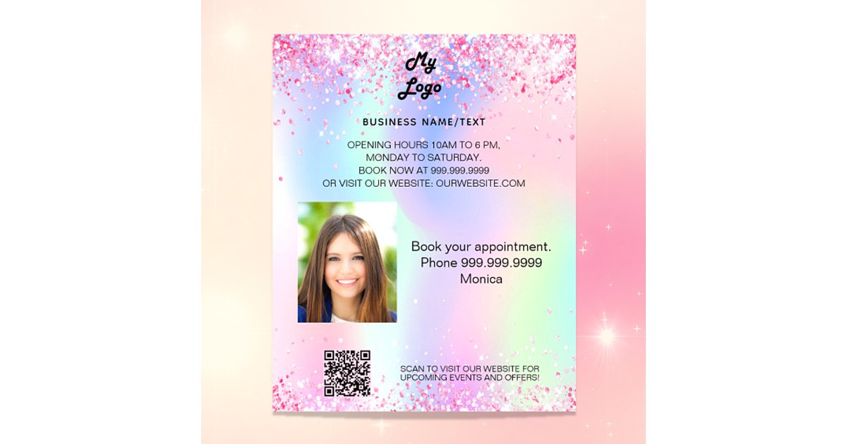 Holographic pink sparkles photo qr code flyer | Zazzle